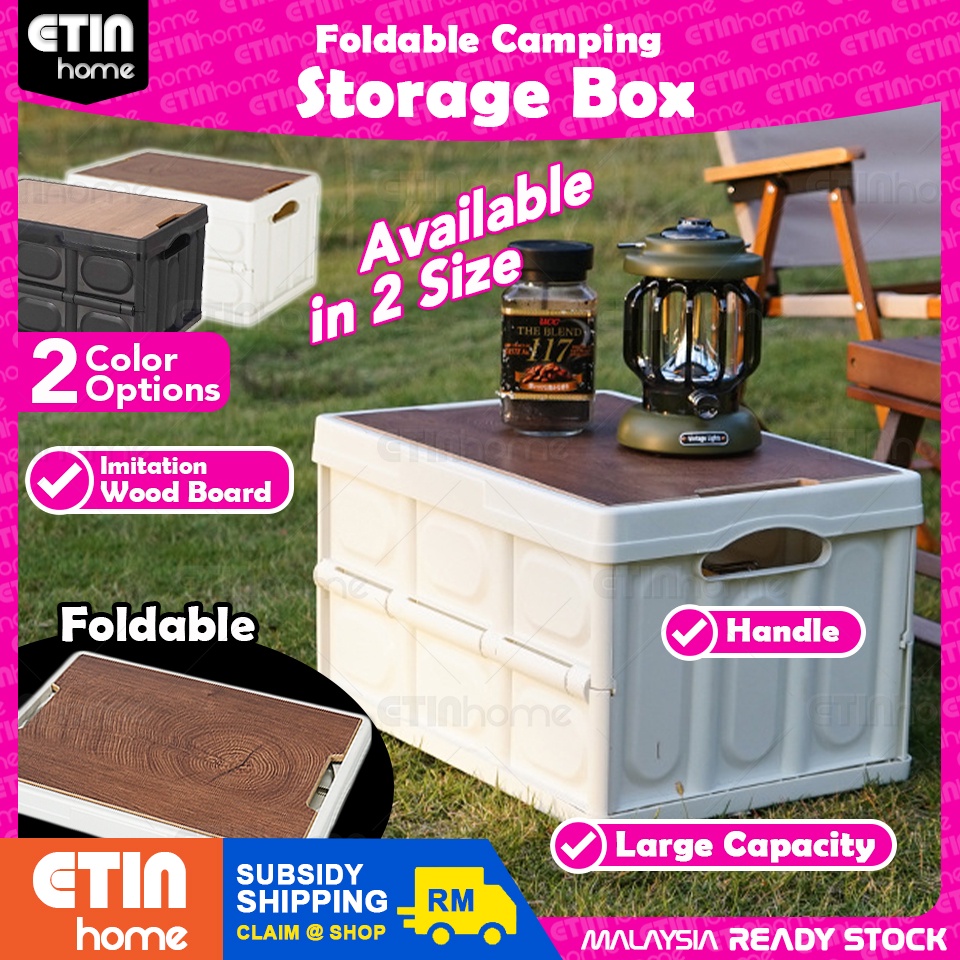 Foldable Storage Box Wooden Lid Camping Table Car Boot Basket Book ...