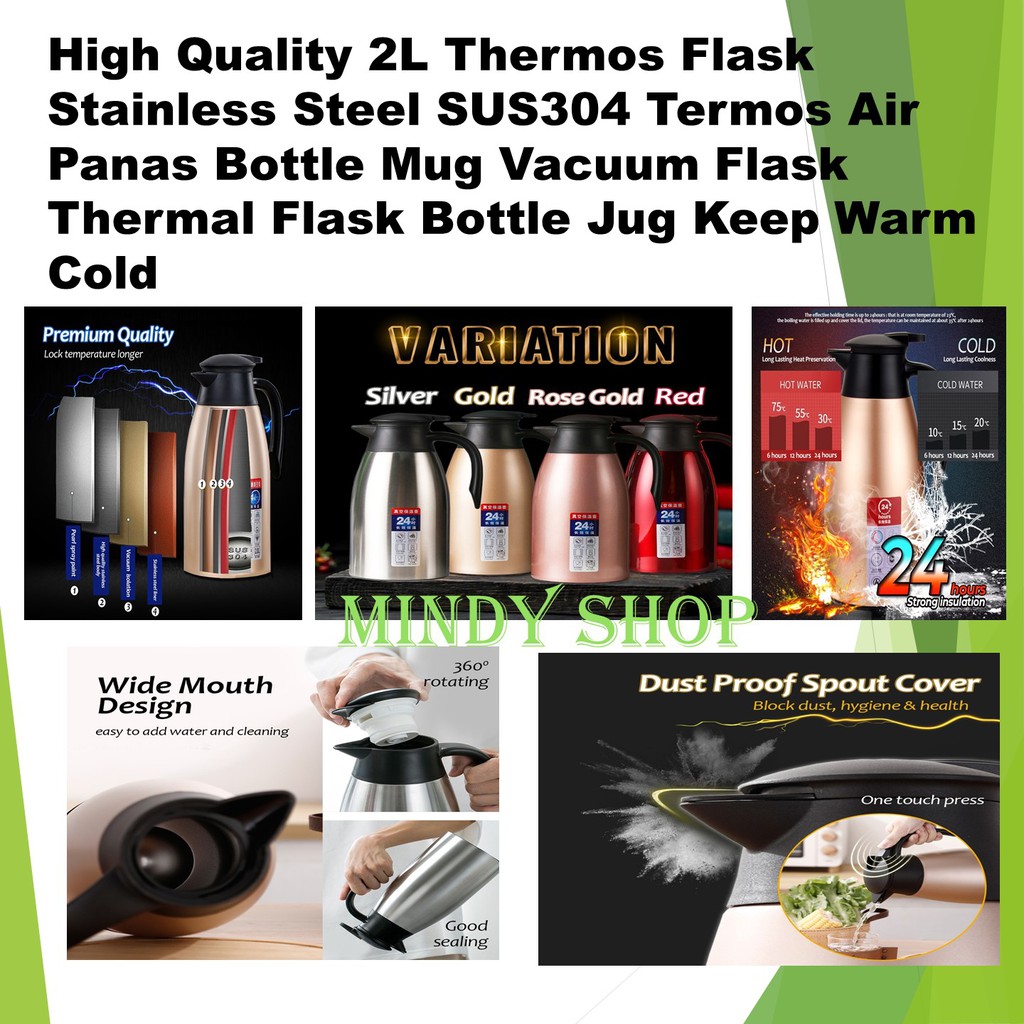2L Thermos Flask Stainless Steel SUS304 Termos Air Panas Bottle Mug ...