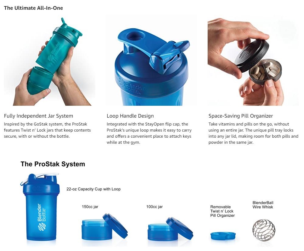 Blenderbottle Prostak 22oz | Protein Shakers | Carry Loop | Leak Proof ...