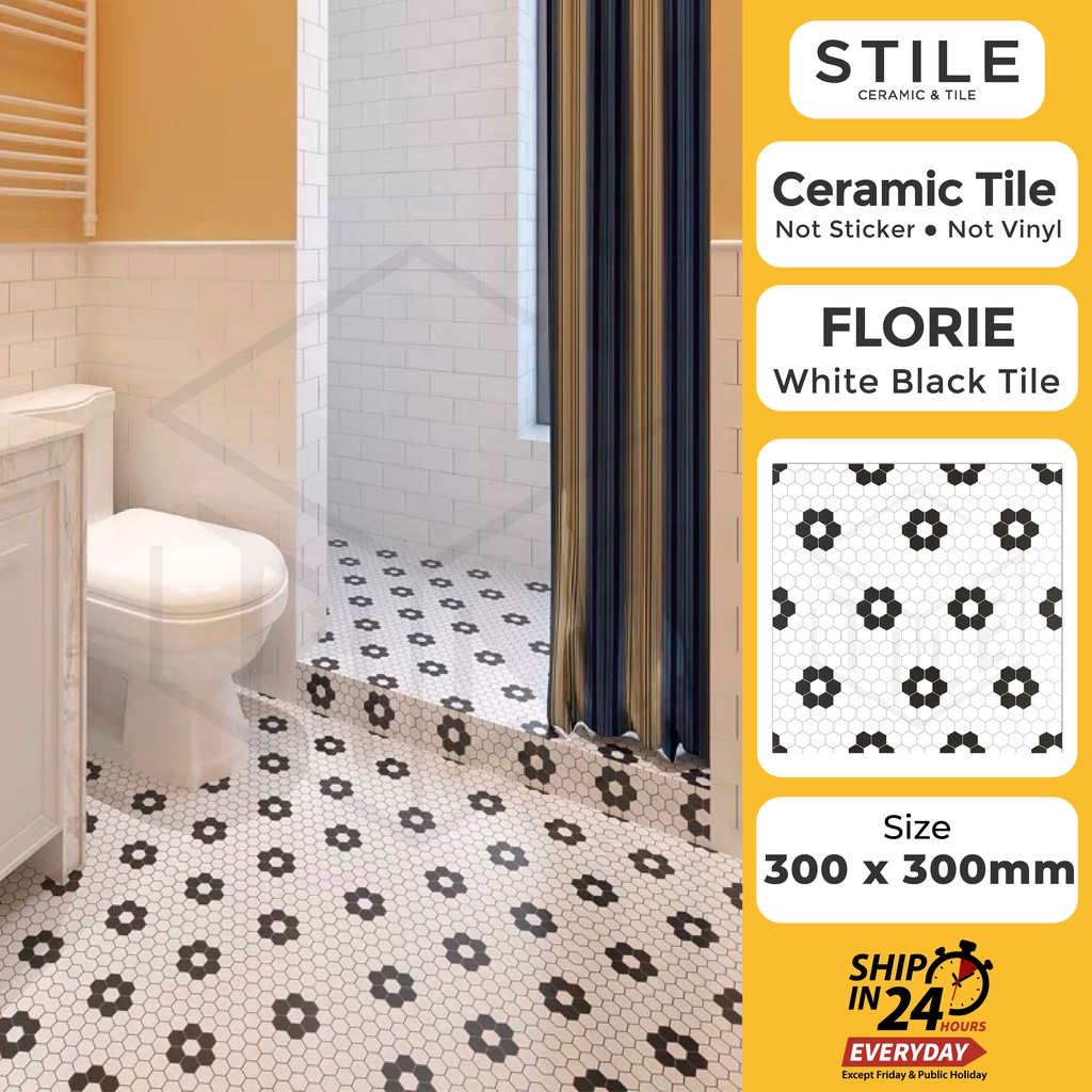 [REAL TILE] 10 PCS FLORIE WHITE BLACK MOSAIC TILES/MOZEK/CERAMIC TILES ...