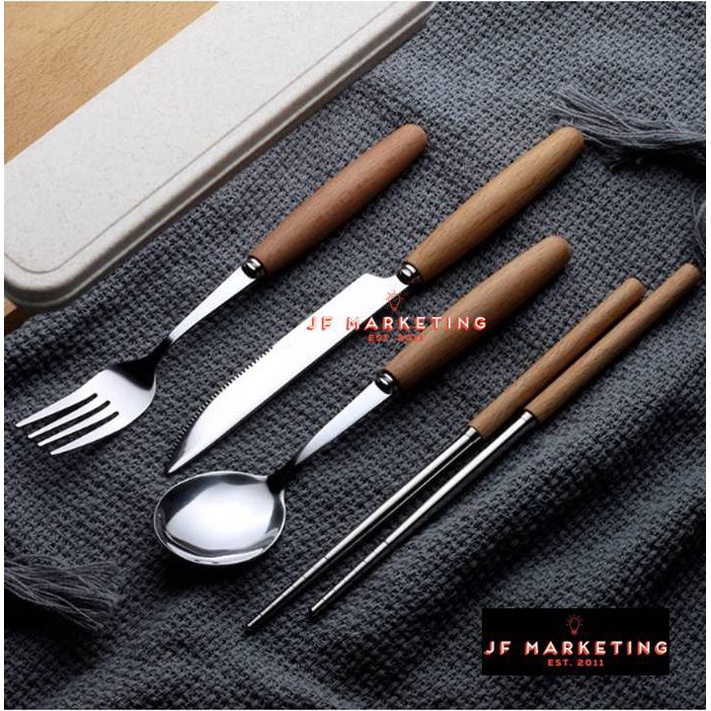 4 in 1 Japanese Style Stainless Steel Cutlery Set, Beech Wooden Handle ...