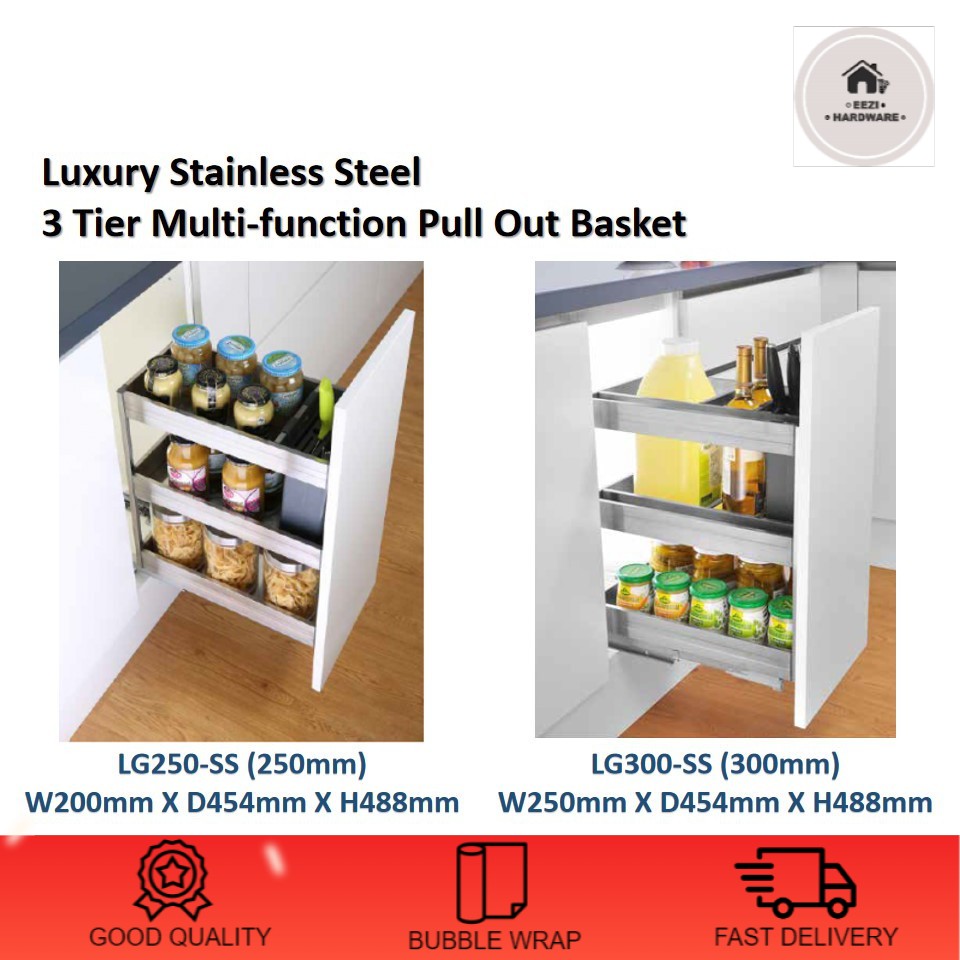 ECOWARE Luxury Stainless Steel (250mm/300mm) Soft Close 3 Tier Multi-function Pull Out Basket ...