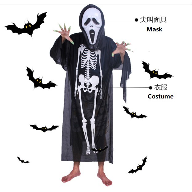 Kids Halloween Black Ghost 2pcs Costume with Mask Skeleton Ghost ...