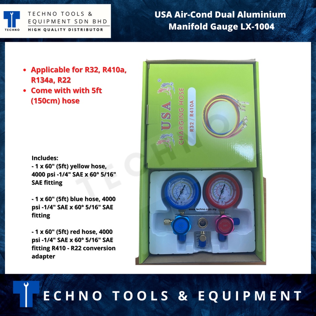 USA Air-Cond Dual Aluminium Manifold Gauge USA-1004 (R32, R410a, R134a ...