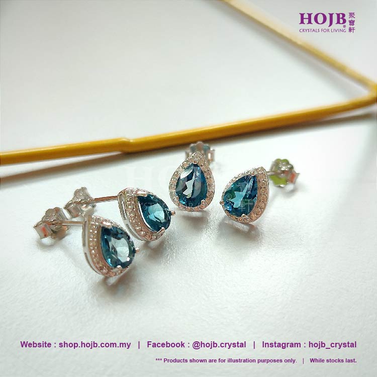 HOJB London Blue Topaz Pear Shape S925 Silver Earring 7x9mm 聚寶軒"伦敦蓝"拓帕石(蓝黄玉)梨形S925银耳环7x9mm ...