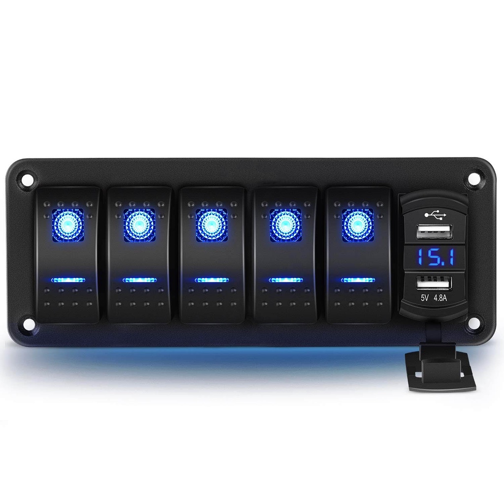5 Gang Rocker Switch Panel with 4.8 Amp Dual USB Charger Voltmeter ...