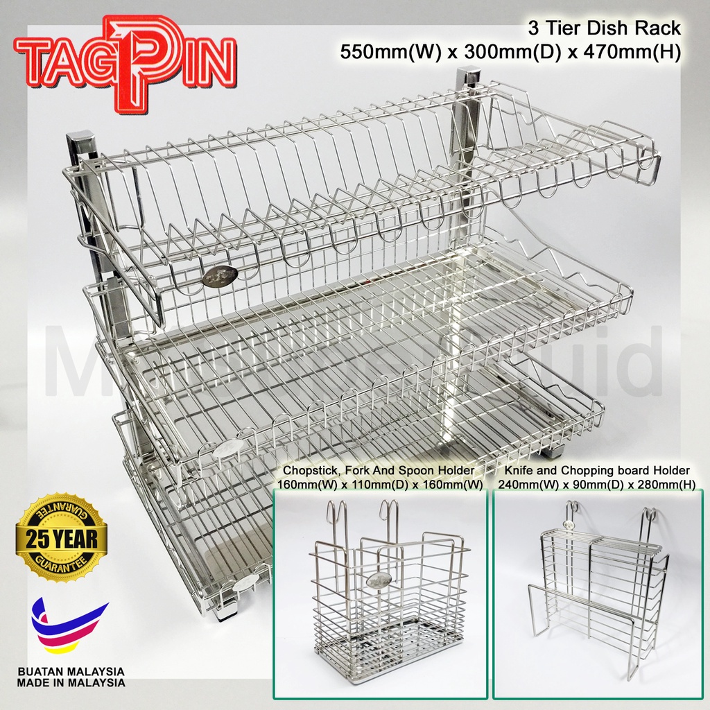 Grade 304 Stainless Steel 3 Tier Free Standing Dish Rack Combo | Shopee ...