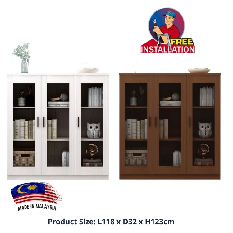 Almari Buku Bertutup 3 Pintu Bookshelf Rak Buku Kabinet Kaca Display ...