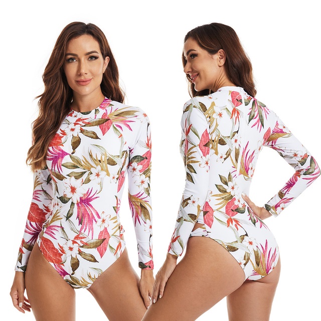 Women Rash Guard Long Sleeves Surfing One Piece Swimsuit Zipper Front