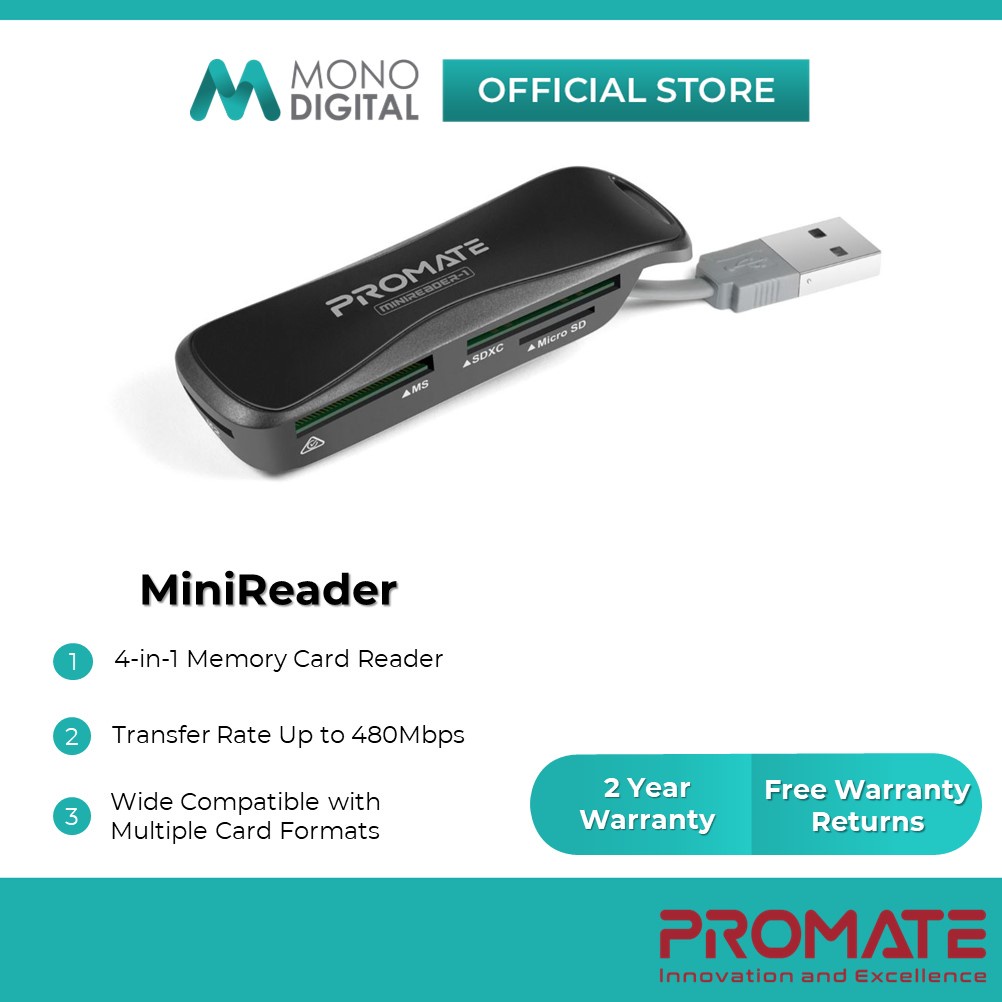 Promate MiniReader-1 4-in-1 Multimedia SD MicroSD Card Reader with ...