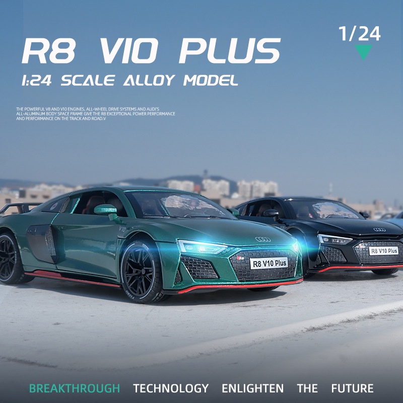 【RUM】1:24 Scale Audi R8 V10 Plus Alloy Car Model Light & Sound effect ...