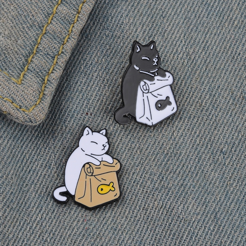 Cute Black White Cats Enamel Pins Dried Fish Bag Brooches Cartoon ...