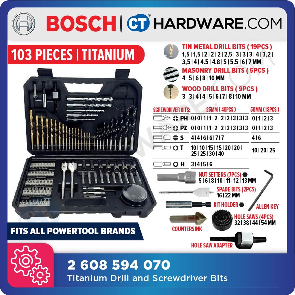 BOSCH 2608594070 [ 103 PIECES ] TITANIUM DRILL BITS AND SCREWDRIVER ...