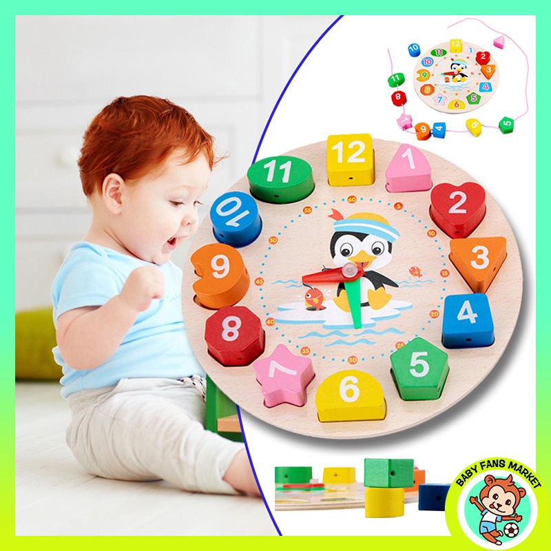 Wooden Shape Color Blocks Sorting Matching Clock Baby Kids Toys Numbers ...