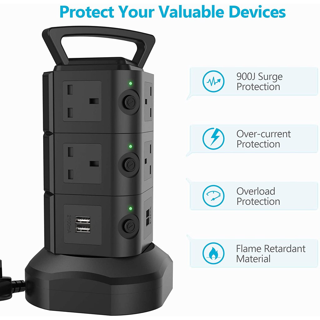 Extension Plug Socket Vertical / Tower Surge Protector 10 Outlet Plugs ...