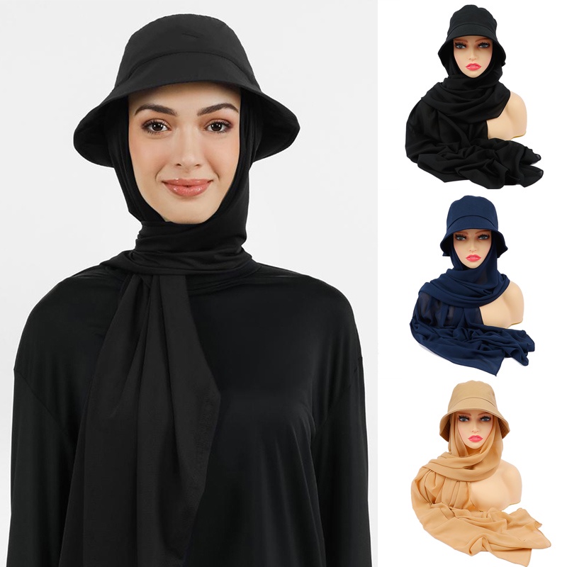 Musilm Women Chiffon Hijab With Bucket Hat Cap Summer Fisherman Caps ...