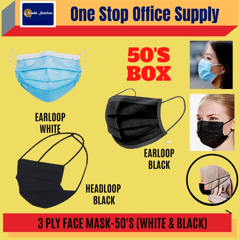 3 PLY FACE MASK DISPOSABLE -50'S (BOX) / EARLOOP / HIJAB / HEADLOOP ...