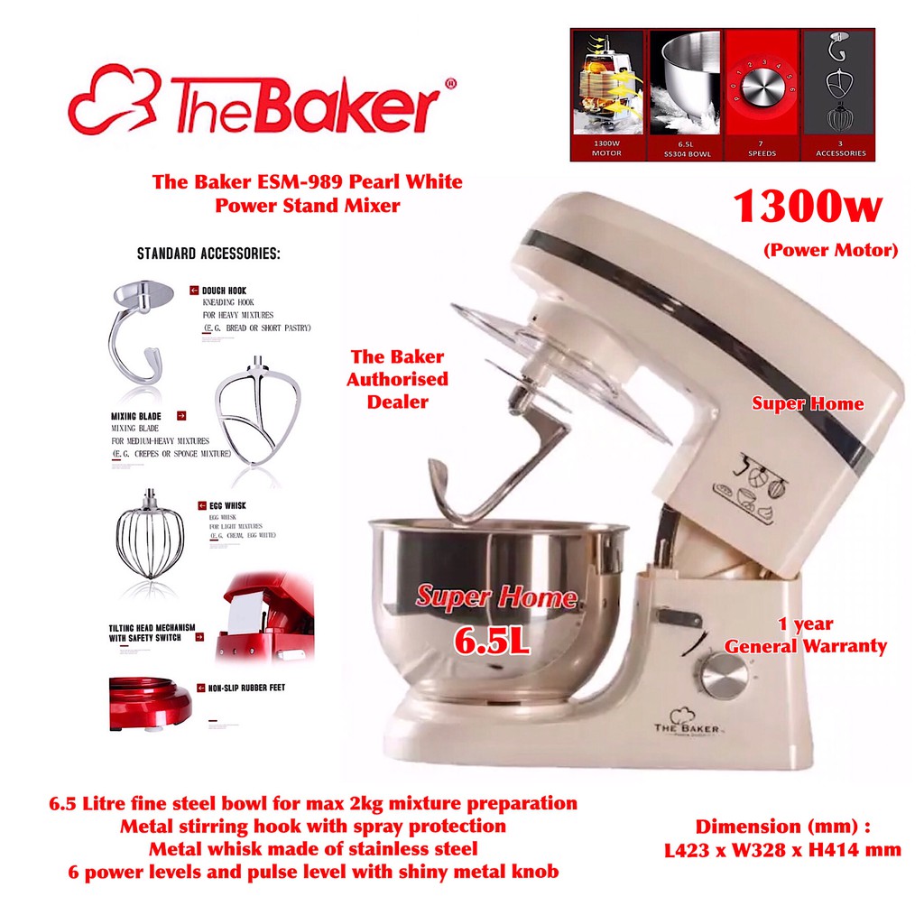 The Baker Stand Mixer ESM-989 (Pearl White) 6.5L Stainless Steel Bowl Power Mixer ESM989 ...