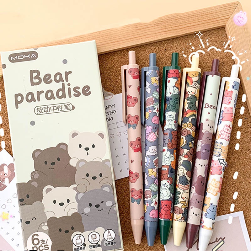 6 Pieces Cute Bear Press Pen 0.5mm Black Gel Pen Office Stationary ...
