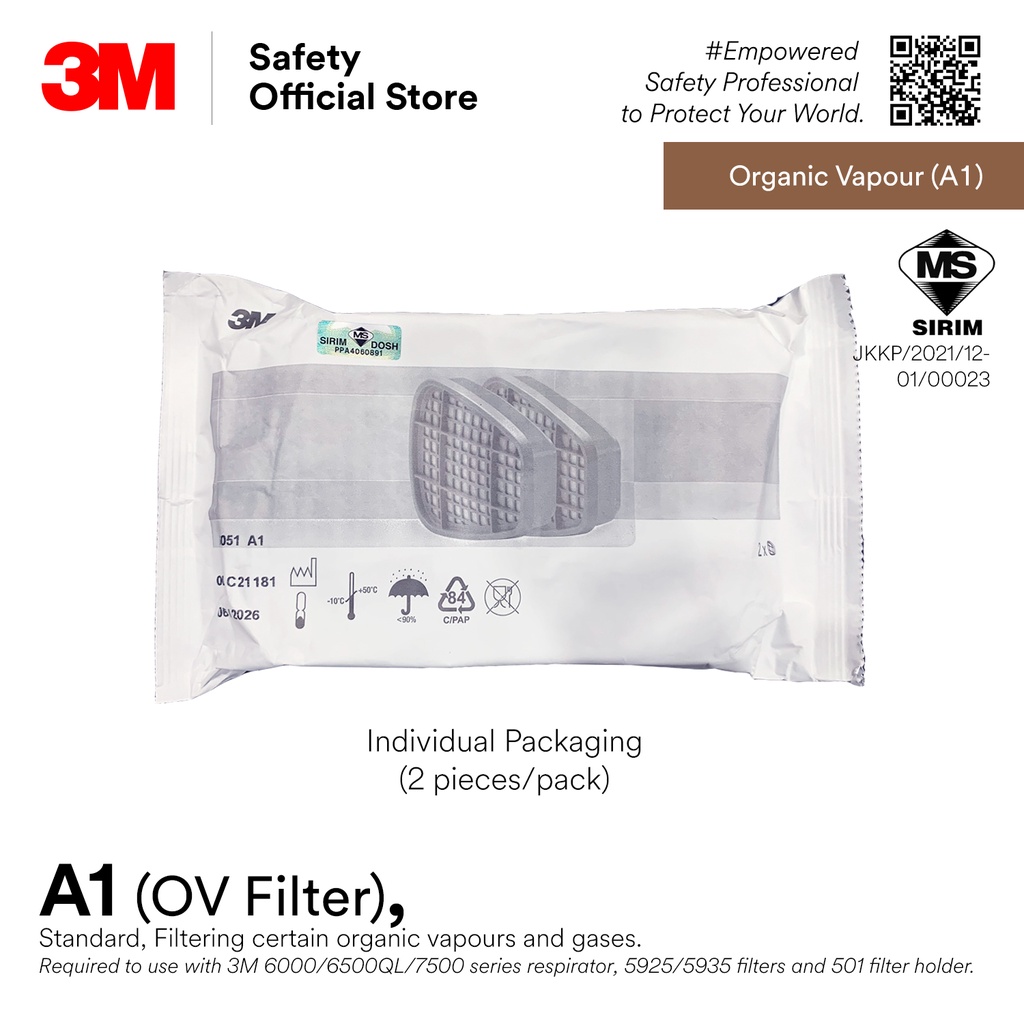 3M™ 6051 (CE & SIRIM) Organic Vapor A1 Filter/ Cartridge/ 6001 ...