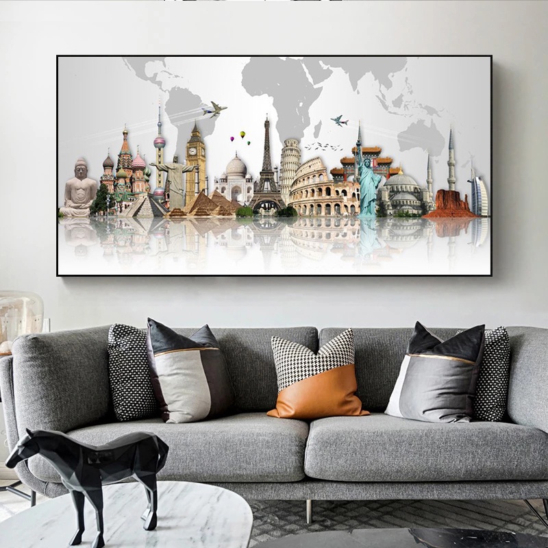 World famous buildings tourist attractions map canvas frames posters ...