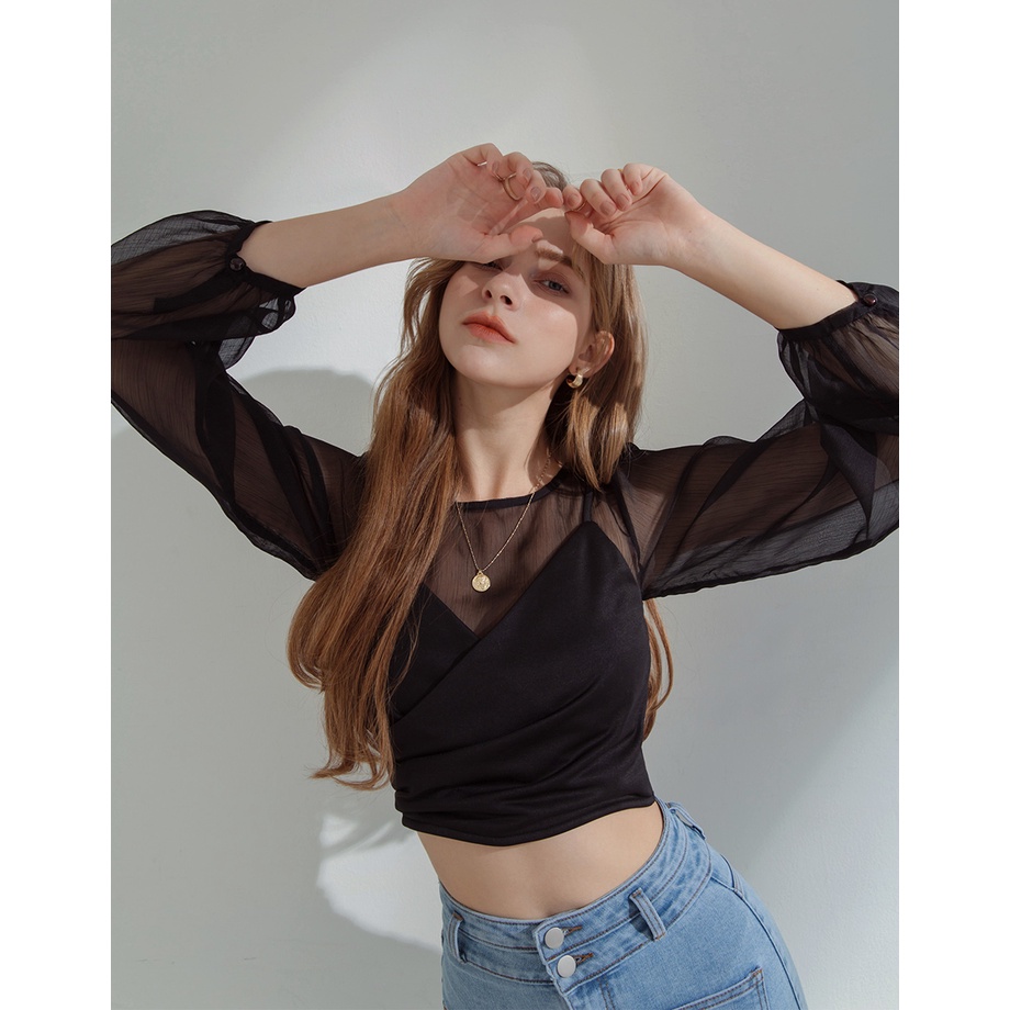 AIR SPACE Fake Two-Piece Sheer Crop Top | Shopee Malaysia