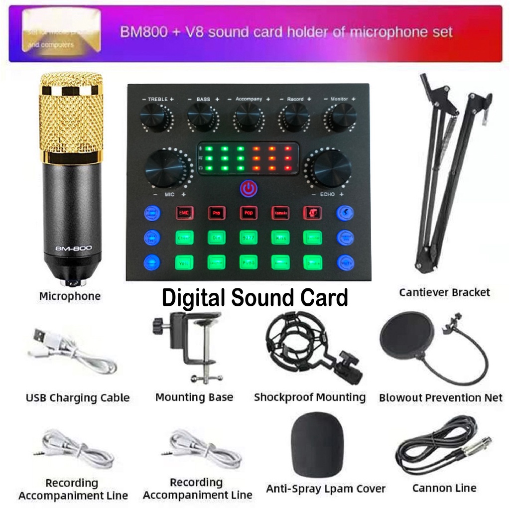Quick Ship Pos Pantas Stok KL Full Set BM800 with V8 digital Sound Card Condenser Microphone ...
