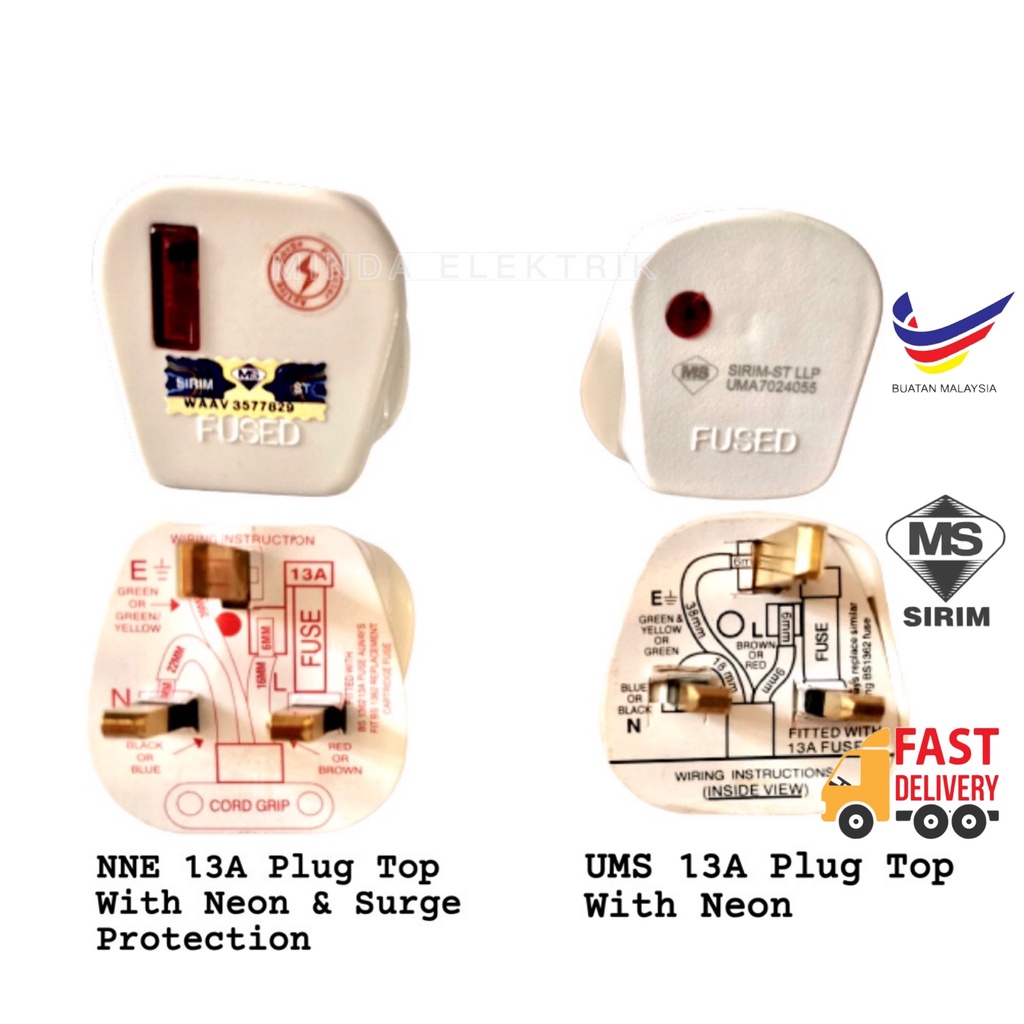 (SIRIM) 13A Plug Top Fused with Neon/ NNE 13A neon plug top with surge ...
