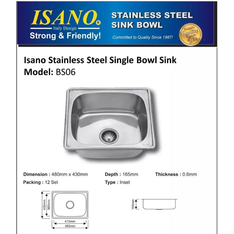 ISANO BS06 STAINLESS STEEL SINGLE KITCHEN SINK BOWL BASIN | Shopee Malaysia
