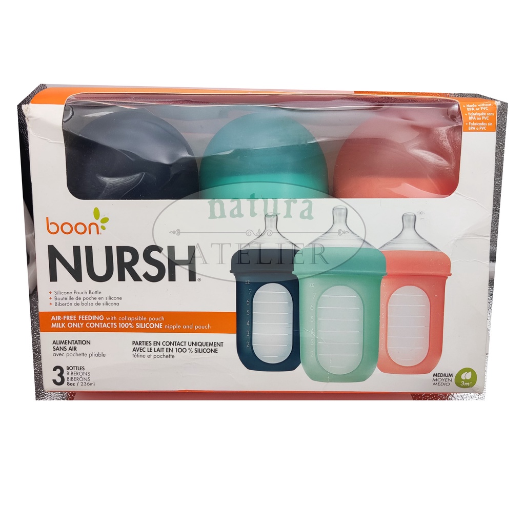 Boon Nursh Silicone Pouch Baby Bottle, 8oz, 3 pack, Stage 2 Med Flow ...