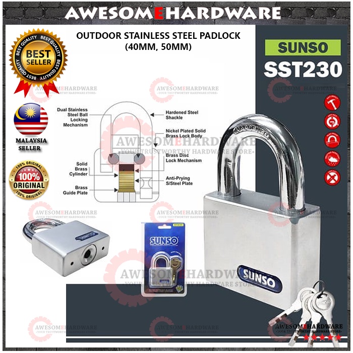 (ANTI CUT) SUNSO SST230 50MM SUS304 STAINLESS STEEL PADLOCK FOR OUTDOOR ...