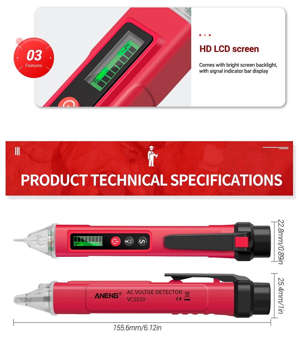 ANENG VC1010 Digital Voltage Detectors 12-1000V AC/DC Non-Contact Pen ...