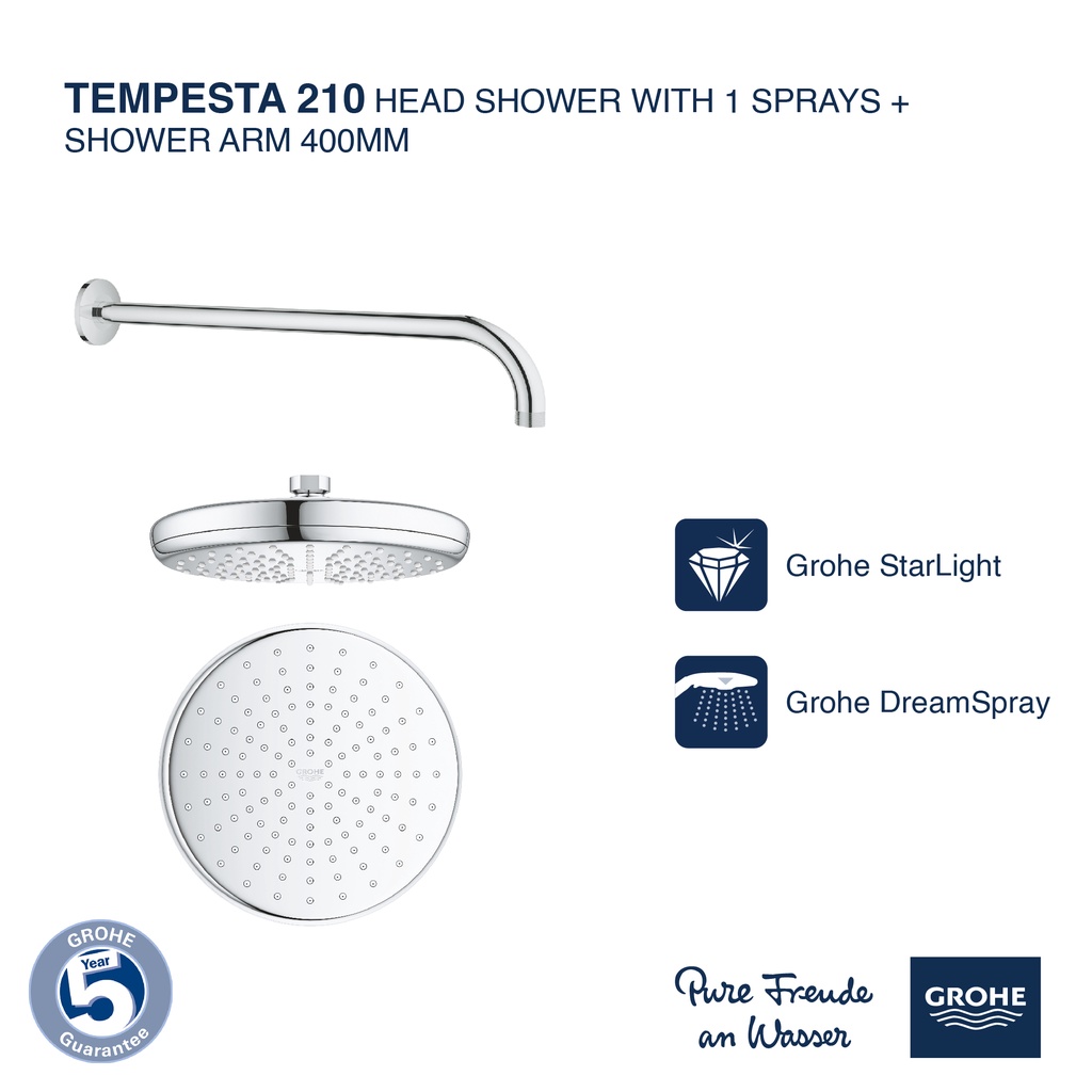 GROHE TEMPESTA SHOWER ARM 400 MM WITH TEMPESTA 210 HEAD SHOWER 1 SPRAY ...