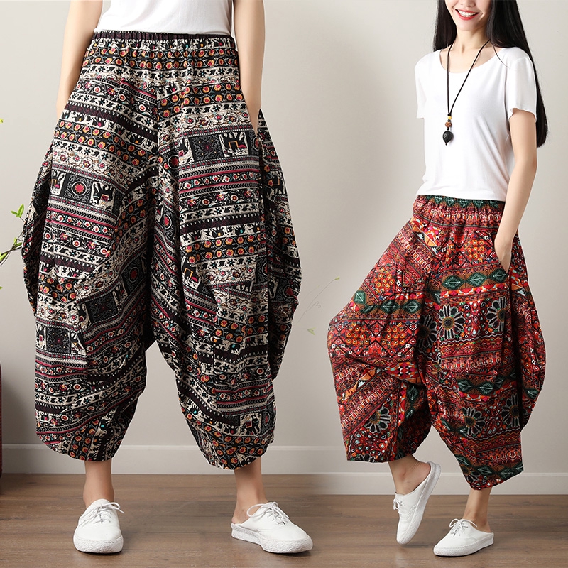Raya Womens seluar slack Elastic Waist Ethnic Print Wide Leg Harem Drop ...