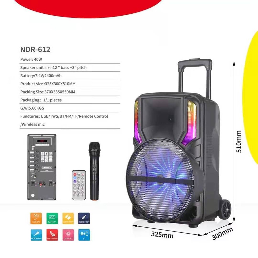 MODEL:NDR-612 superbass speaker WITH WIRELESS MICROPHONE AND CONTROL | Shopee Malaysia