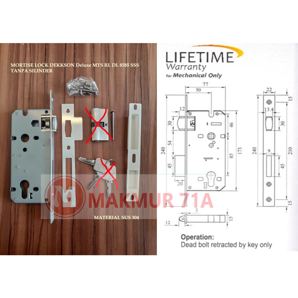 Mortise Lock Roller Dekkson 50mm MTS RL DL 8585 SSS Without Cylinder ...
