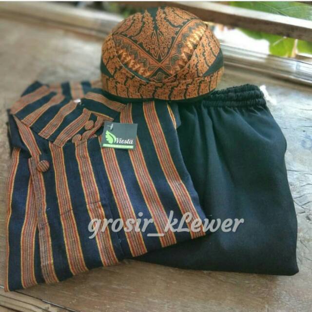 Javanese lurik clothing set for adult men + black pants + Solo Blangkon ...