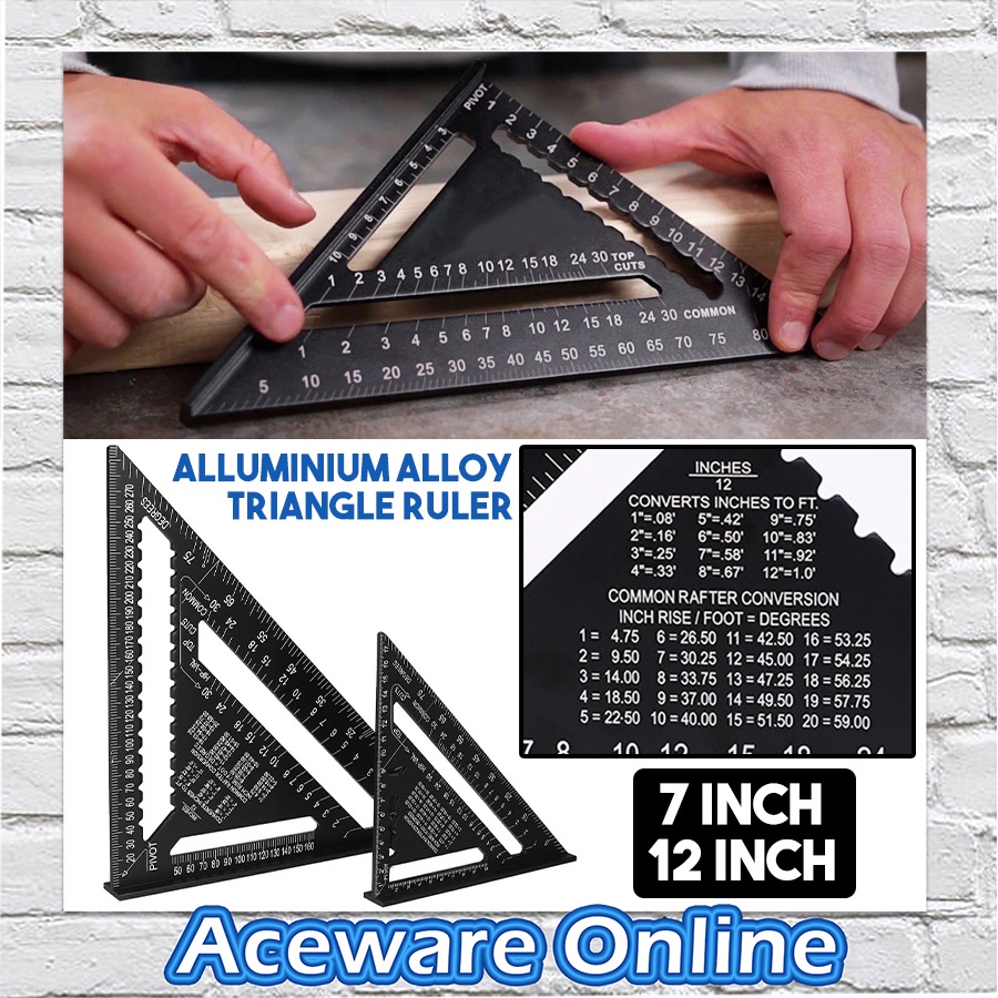 BLACK 7" / 12" ALLUMINIUM ALLOY METRIC TRIANGLE RULER ANGLE RULER ...