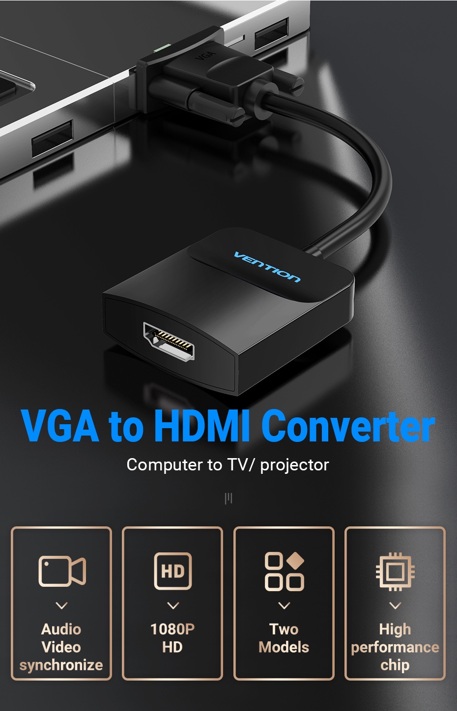 Vention VGA to HDMI Converter 1080P HD Audio Video Adapter VGA HDMI ...
