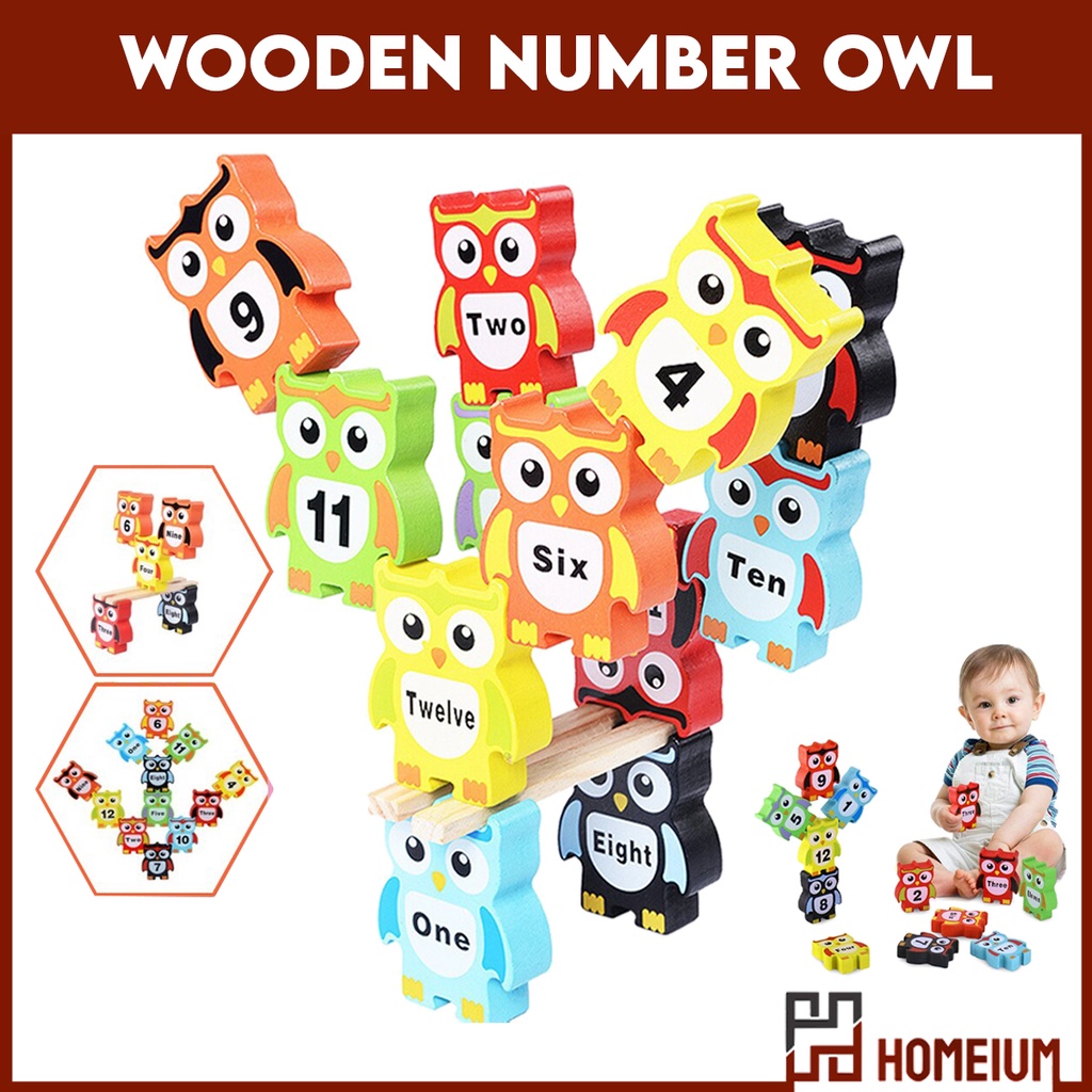 Homeium Wooden Owl Number Block Toy Owl balancing blocks Kids Toy Kids ...