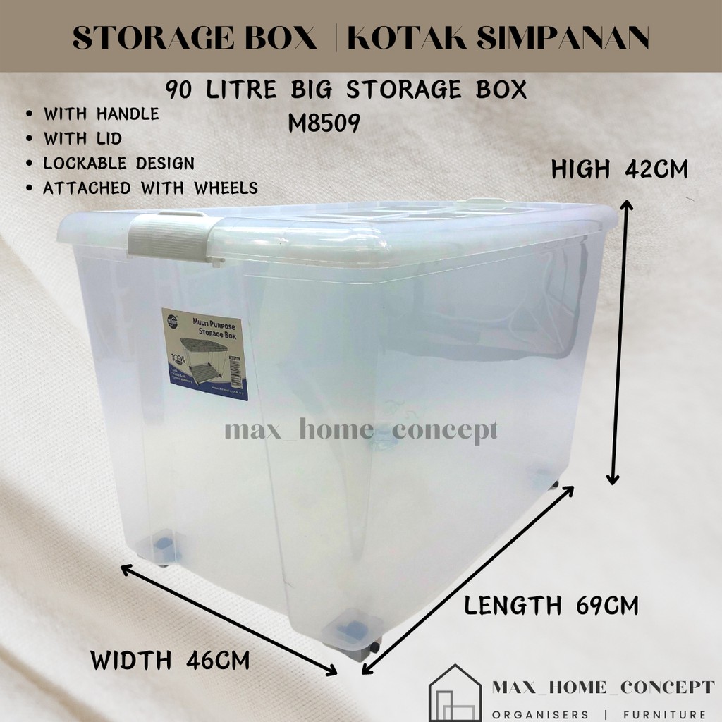 90L STORAGE BOX WITH WHEELS | TRANSPARENT HEAVY DUTY MULTIPURPOSE ...