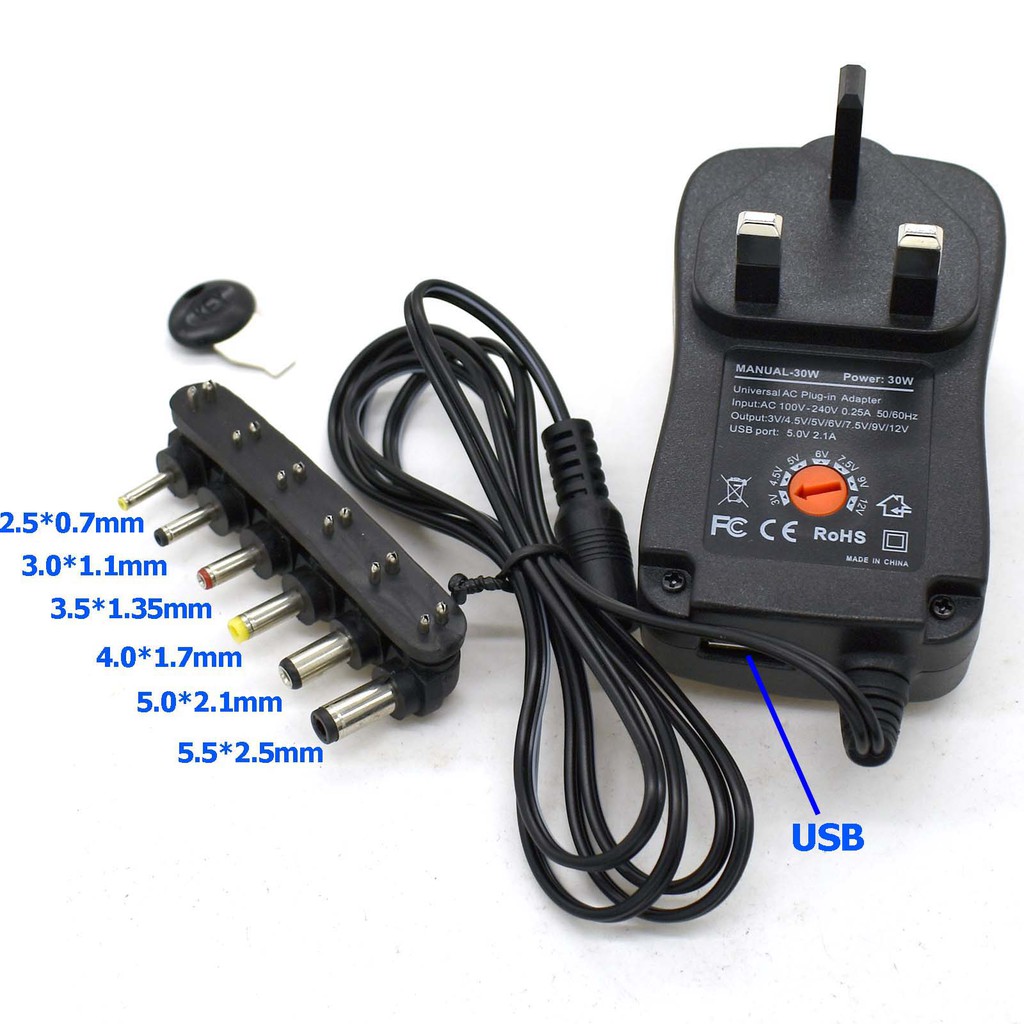 Adjustable Power Supply 30W DC 12V 9V 7.5V 6V 5V 4.5V 3V 1A USB Multi ...