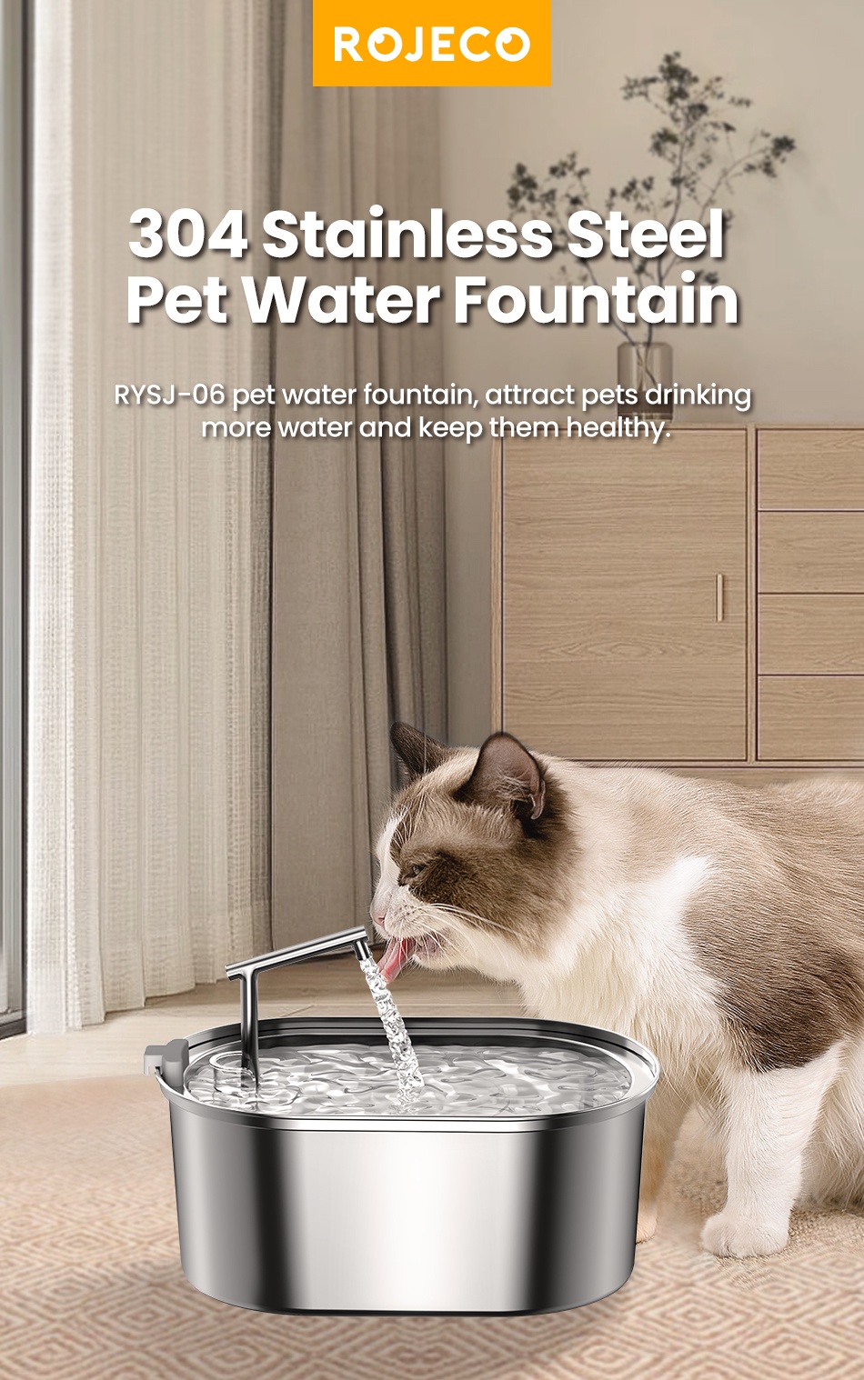 Malaysia Spot】Rojeco 3.2L Cat Drinking Fountain Automatic 304 Stainless Steel Pet Fountains ...
