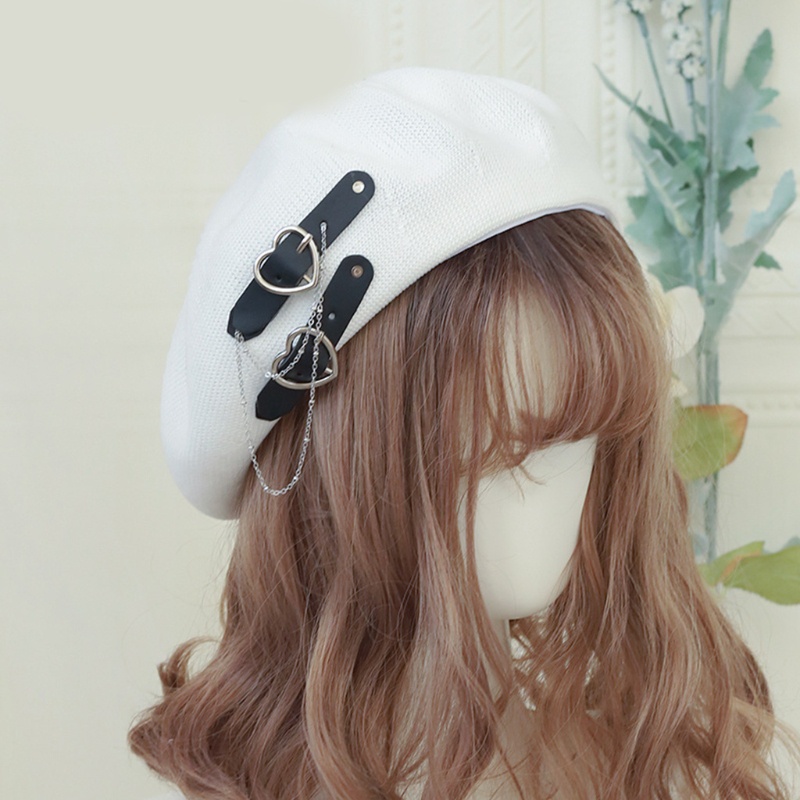 dignityss Sweet Cool Lolita Beret Girls Heart Buckle Beret Hat JK Hat ...