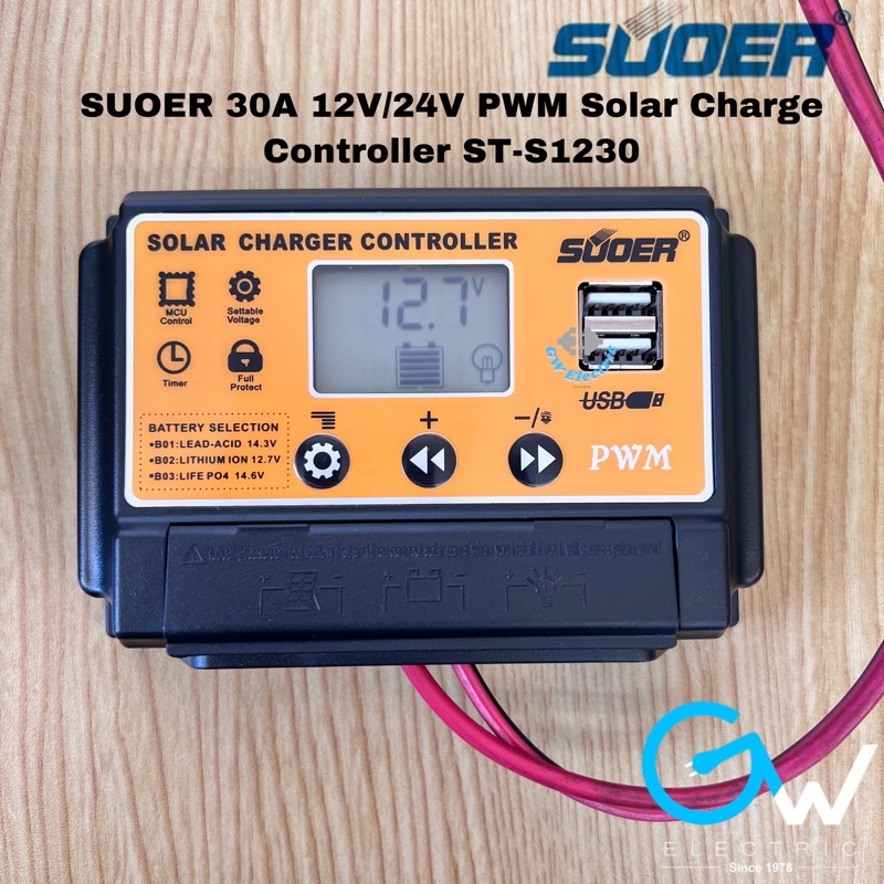 SUOER 30A 12V/24V PWM Solar Charge Controller ST-S1230 Suitable for lifepo4 Battery | Shopee ...