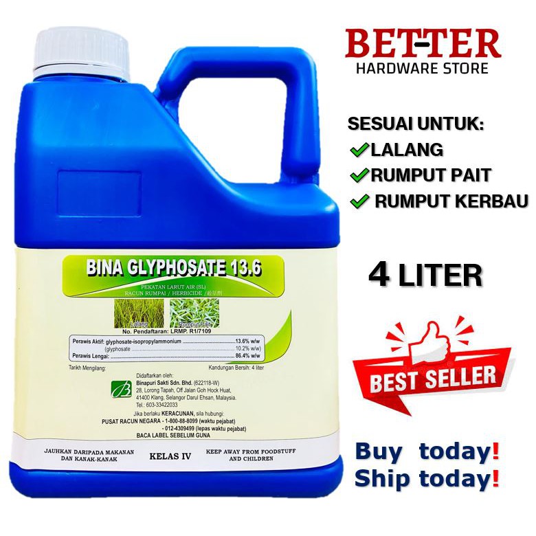 🔥READY STOCK🔥 4L BINA Glyphosate 13.6% HERBICIDE WEED KILLER RACUN ...
