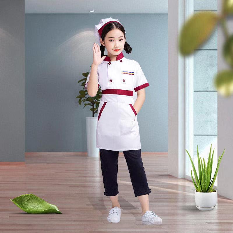 Short Sleeve Kids Chef Uniform hat+tops+apron set Cosplay Costumes Cook ...