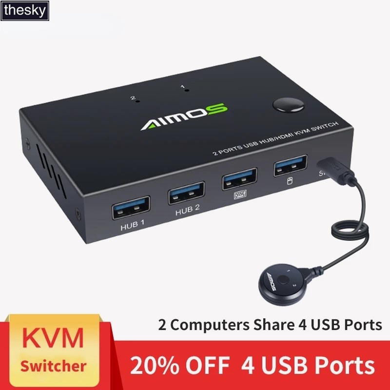 AIMOS New 2 In 1 Out 4K USB HDMI KVM Switch Box for 2 PC Sharing Keyboard Mouse Printer Plug ...