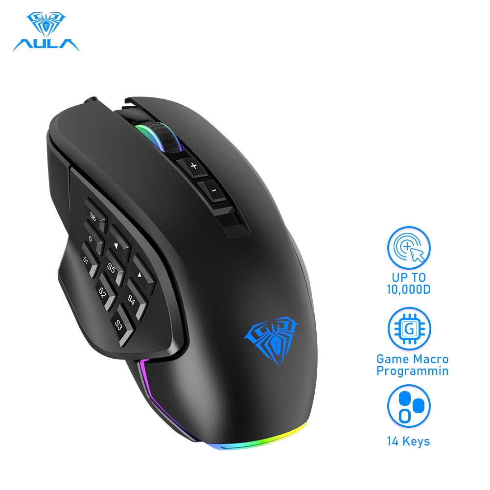 AULA H510 Wired Gaming Mouse with 9 Side Buttons 6 Gear DPI up to 10000 ...