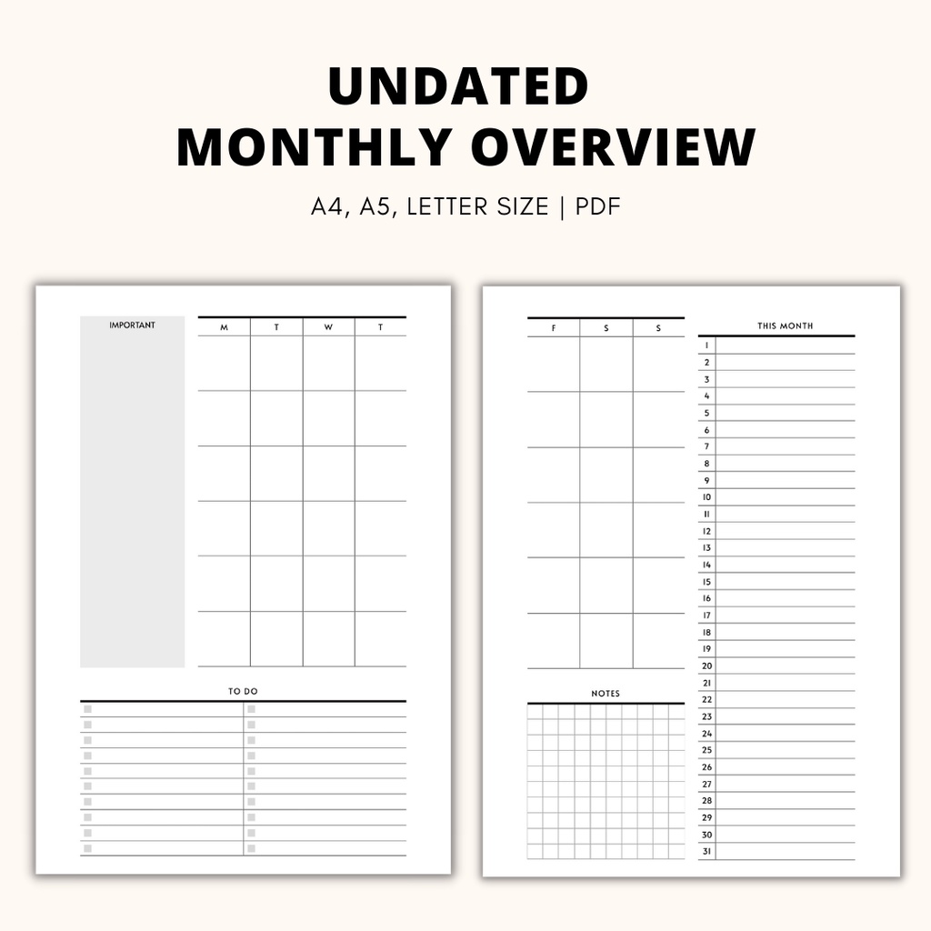 [PDF] Monthly Overview Calendar Planner Template Journal Printable ...